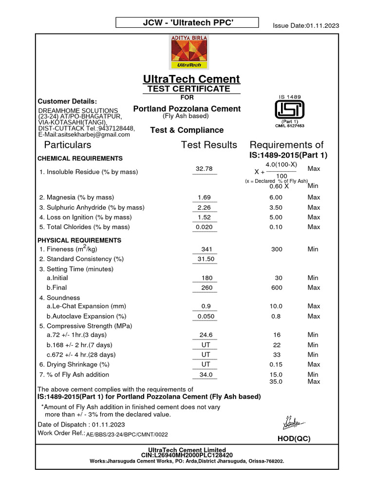 Ultratech Testing Report | PDF | Cement | Civil Engineering