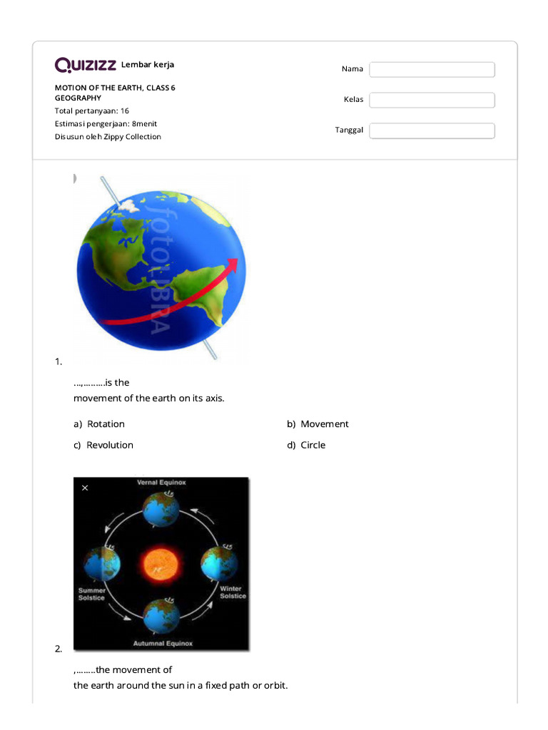 MOTION OF THE EARTH, CLASS 6 GEOGRAPHY - Quizizz | PDF | Night | Earth