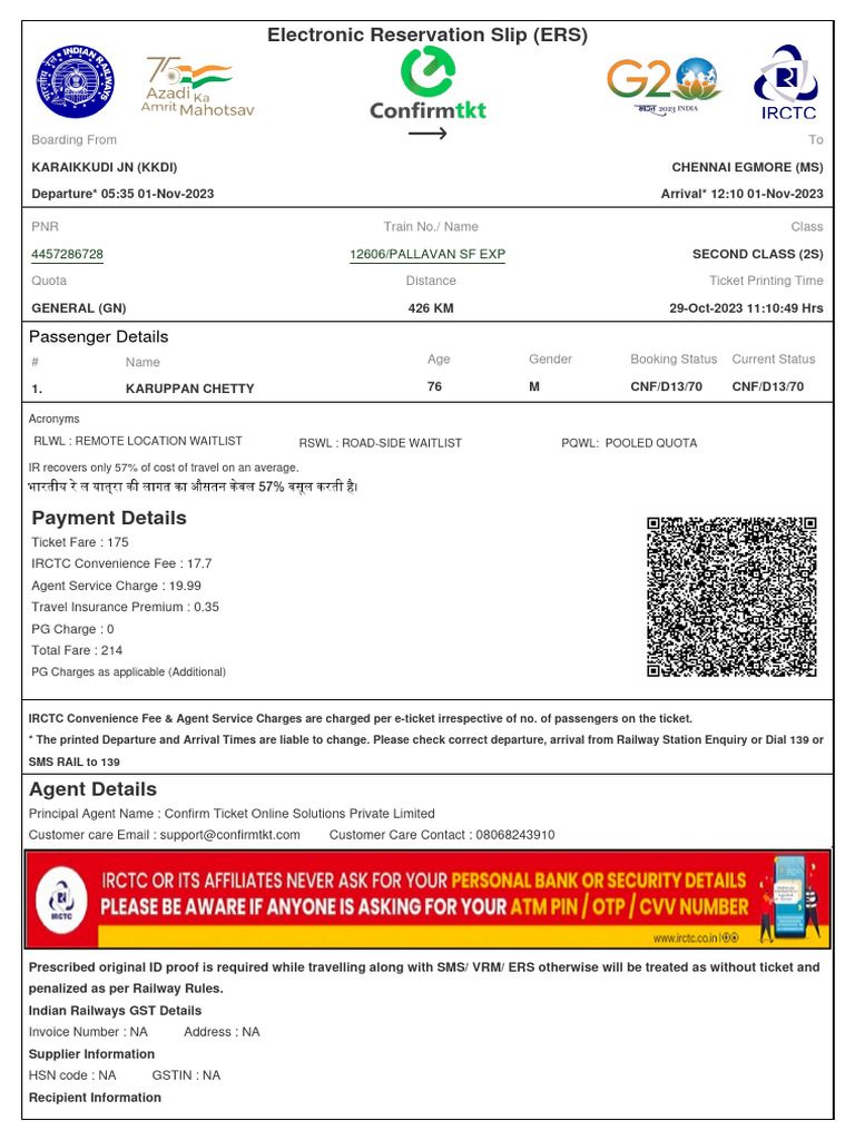 Electronic Reservation Slip for Train Travel | PDF | Identity Document