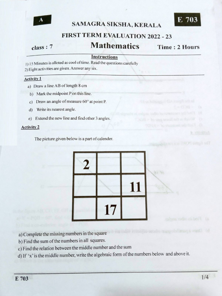 STD VII Kerala First Term Onam Exam 2022 Question Paper - Maths EM | PDF