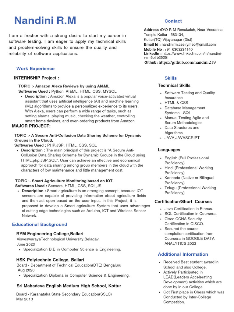 NANDINI_RM_CV | PDF | Internet Of Things | Artificial Intelligence