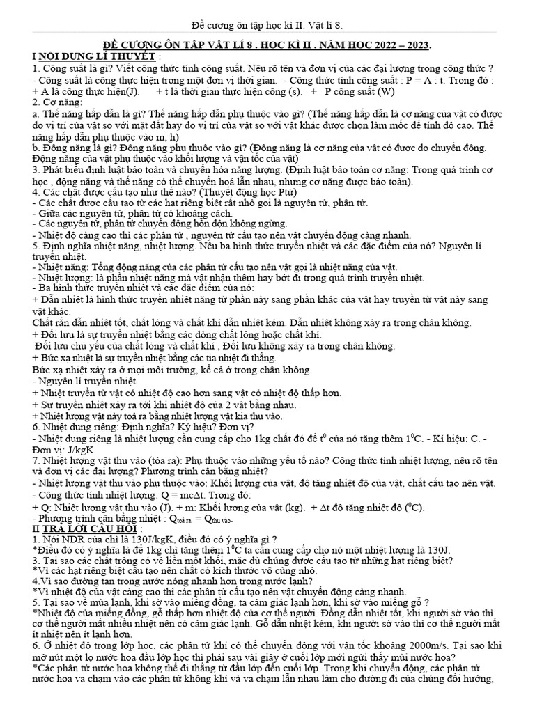 De Cuong On Tap HK2 Vat Ly 8 | PDF