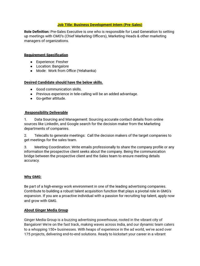 Pre-Sales Internship at GMG | PDF
