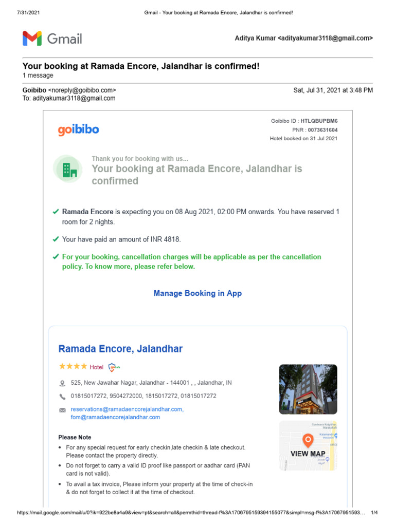 Gmail - Your Booking at Ramada Encore, Jalandhar Is Confirmed! | PDF
