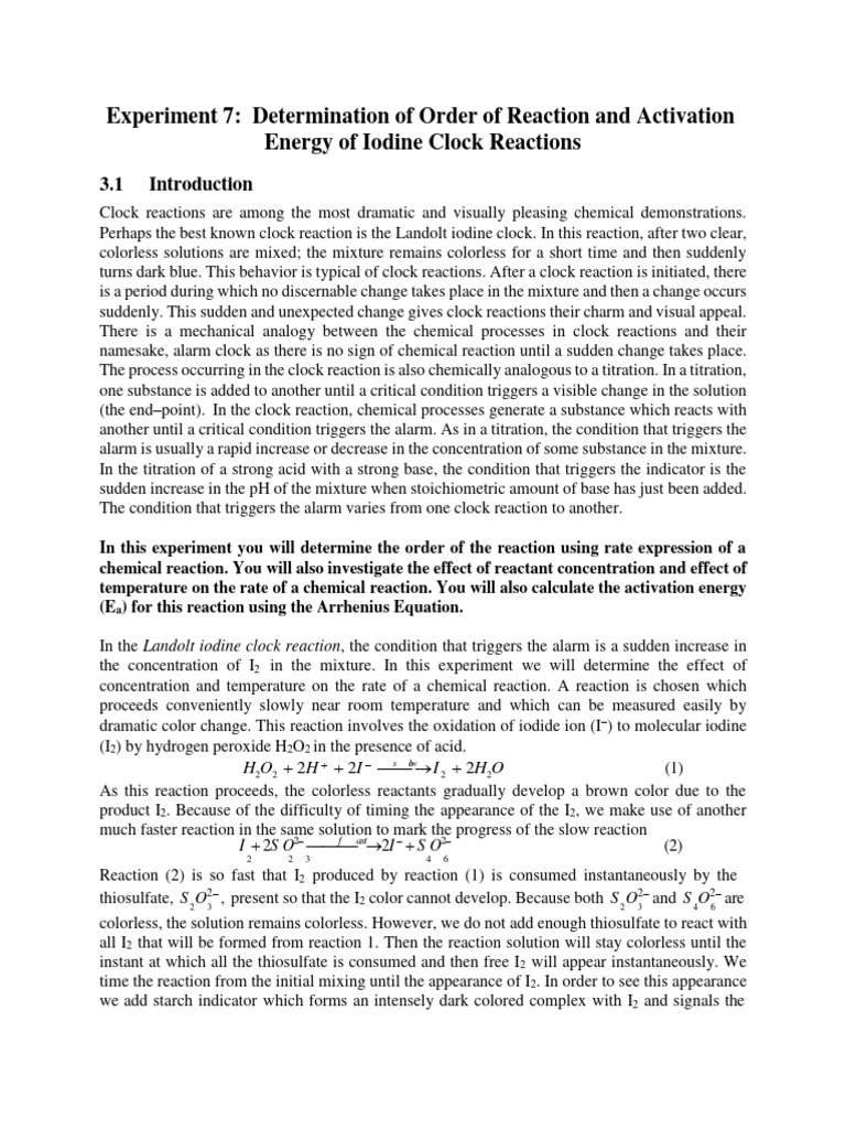 Experiment 7 - Determination of Order and Activation Energy of Clock ...