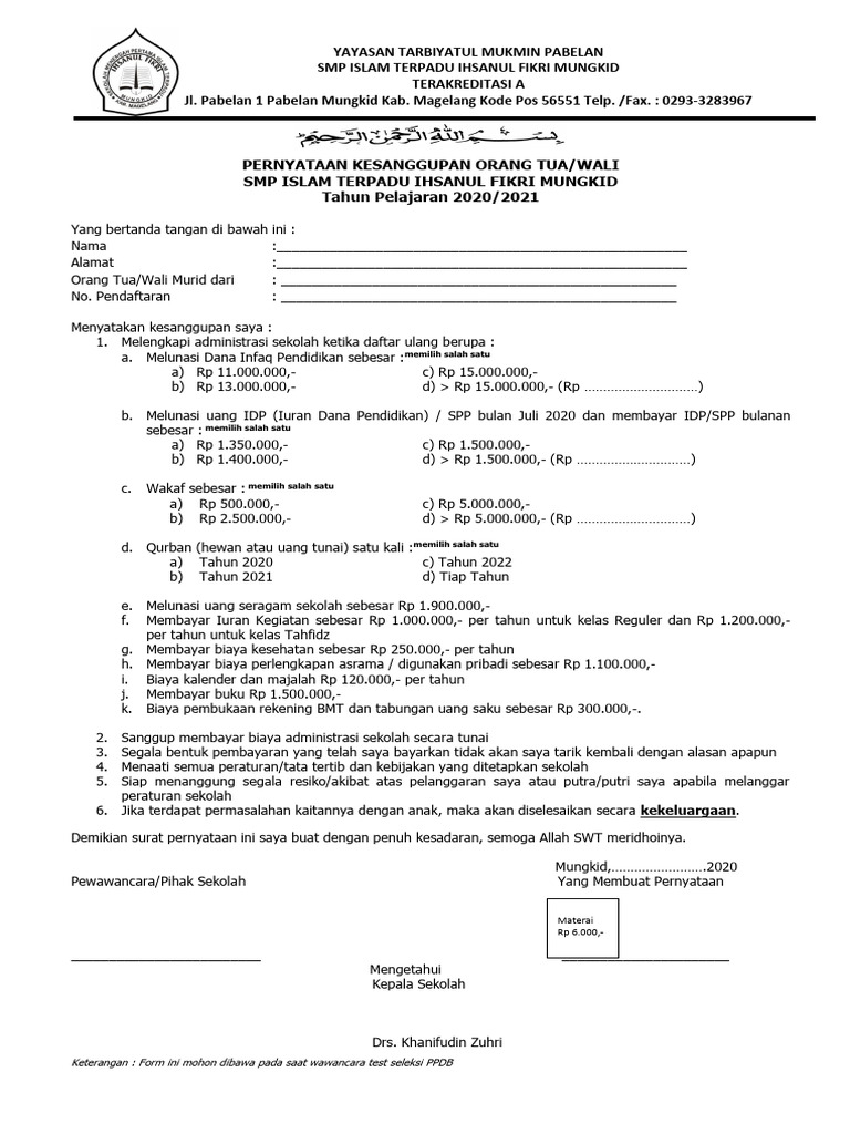 Form Pernyataan PPDB Smpit If 2020 | PDF | Karier & Perkembangan