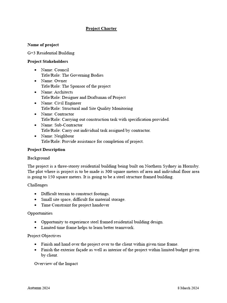 G+3 Residential Building Project Charter | PDF | Project Management