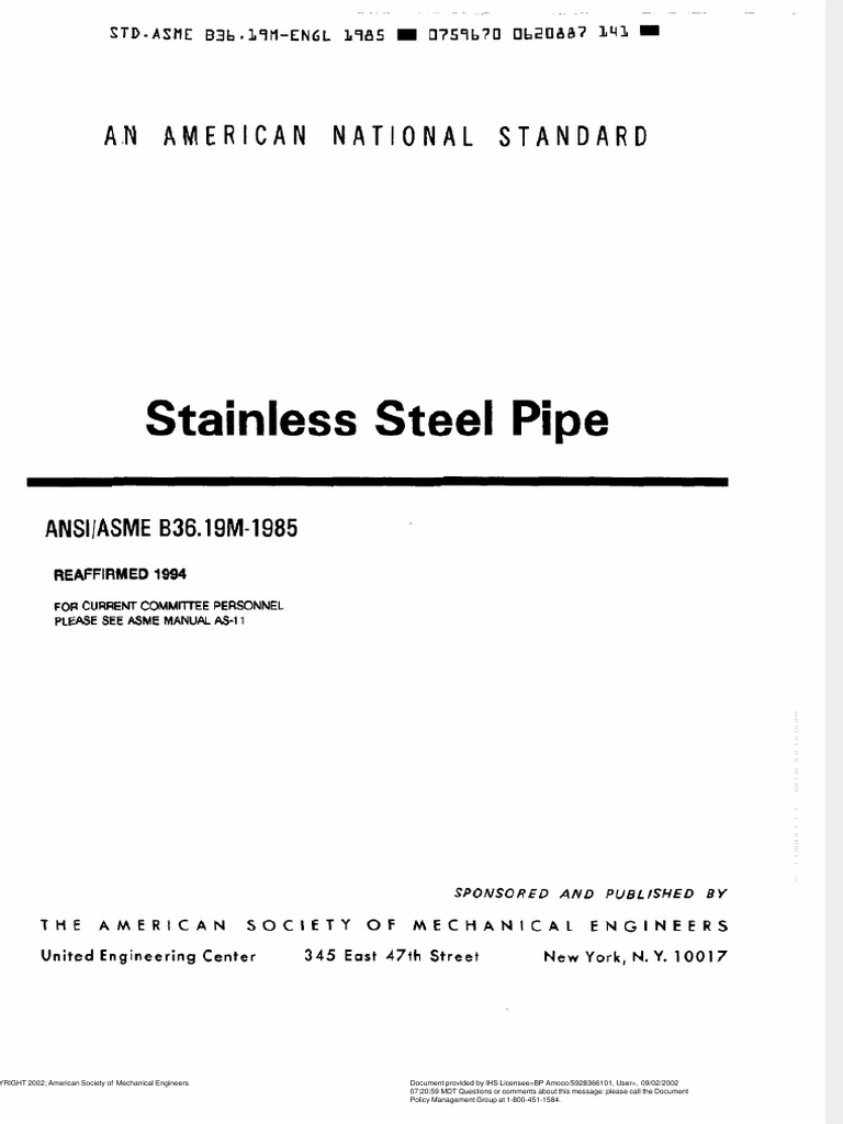 ASME B36.19 Stainless Steel Pipe Standard | PDF | Pipe (Fluid ...