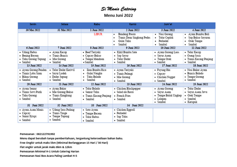 Menu Dinner Juni 2022 | PDF