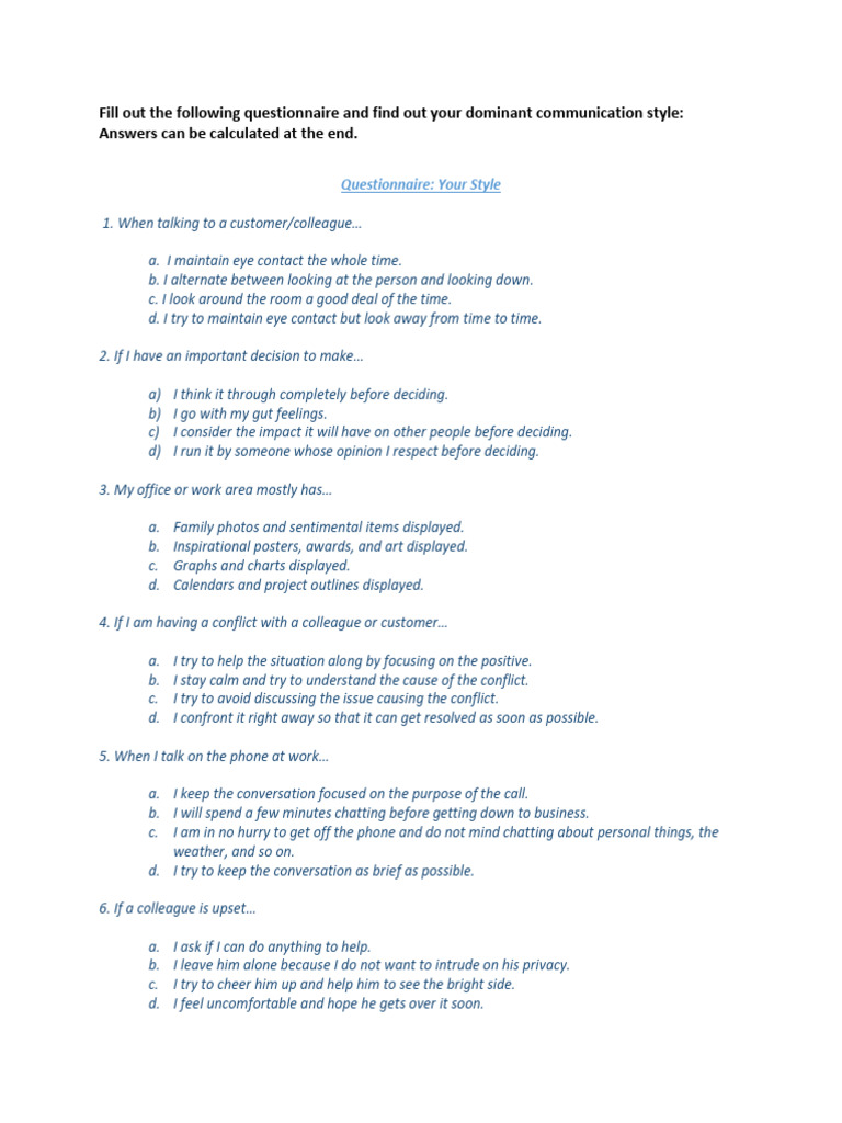 Communication Style Questionnaire | PDF | Conversation | Psychological ...