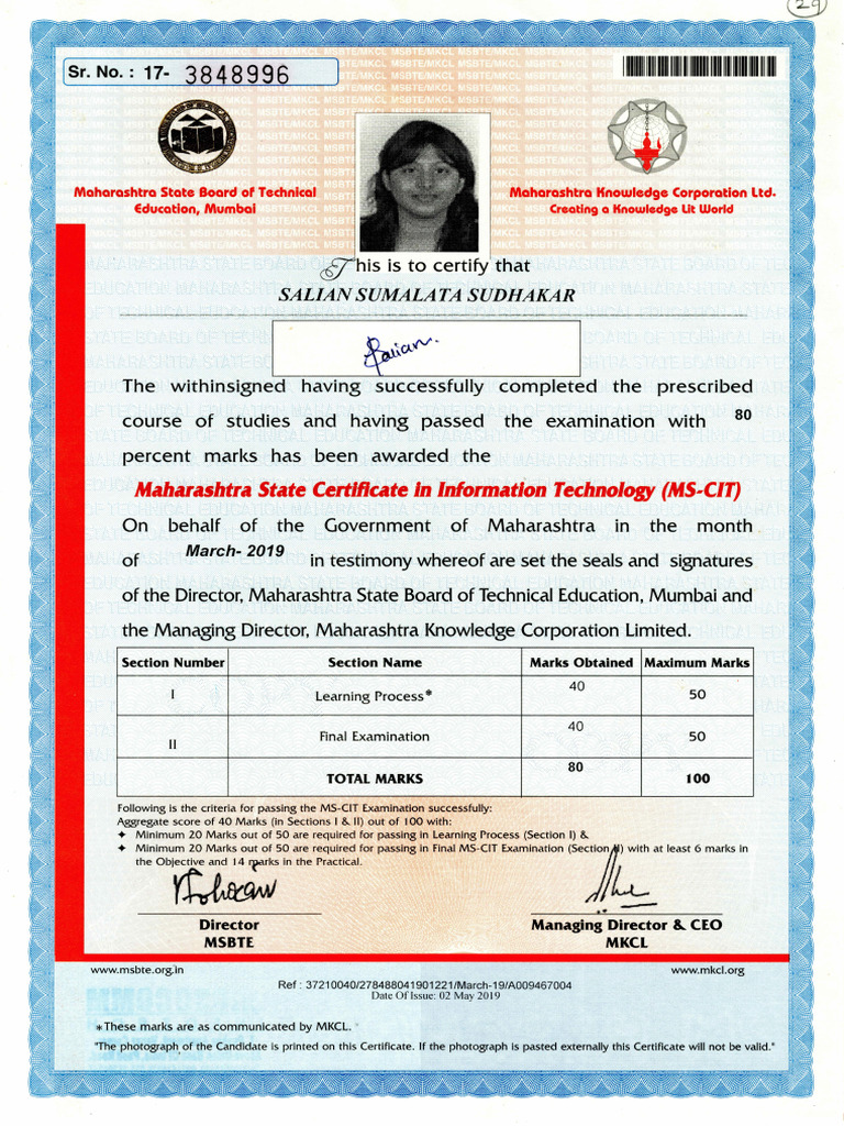 Sumalata Sudhakar Salian-MSCIT Certificate | PDF