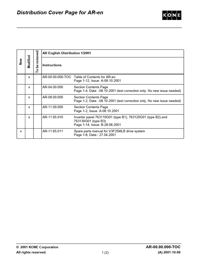 AR-00 00 000-TOC en A 1 Main | PDF | Elevator | Manufactured Goods