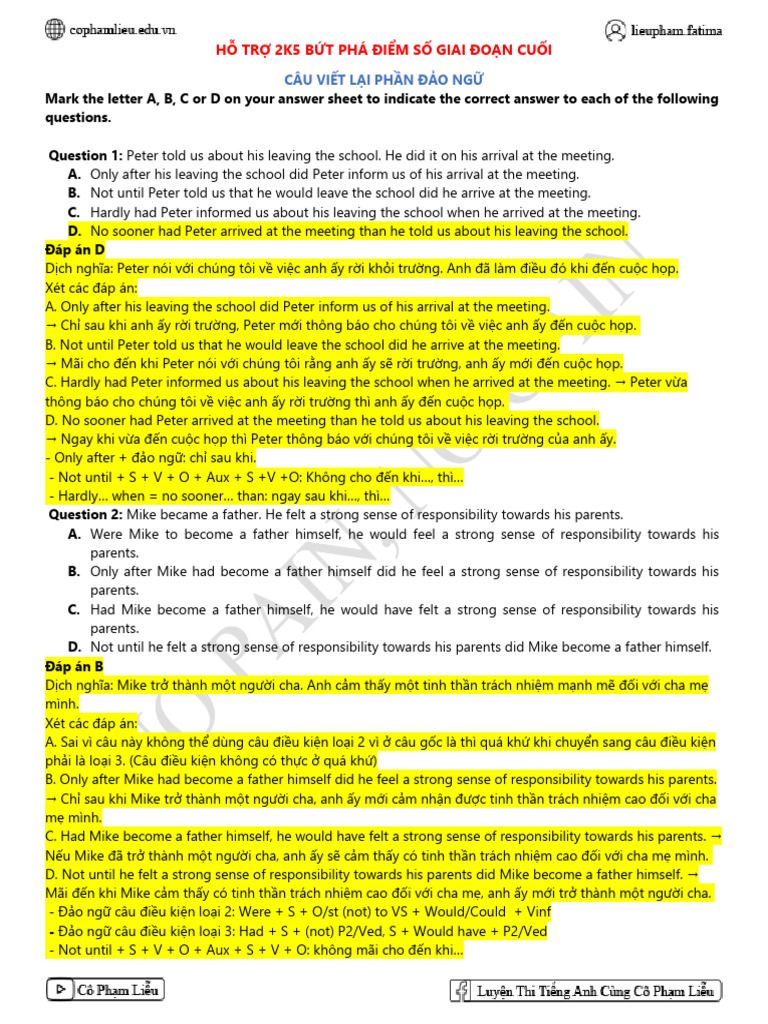 GIẢI CHI TIẾT CÂU VIẾT LẠI PHẦN ĐẢO NGỮ | PDF | Vietnamese People | Vietnam