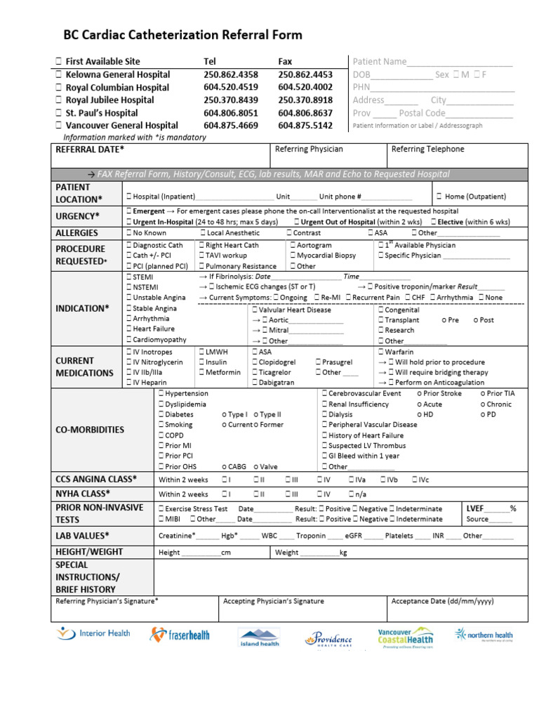 Cardiac Catheterization Referral Form | PDF | Myocardial Infarction ...