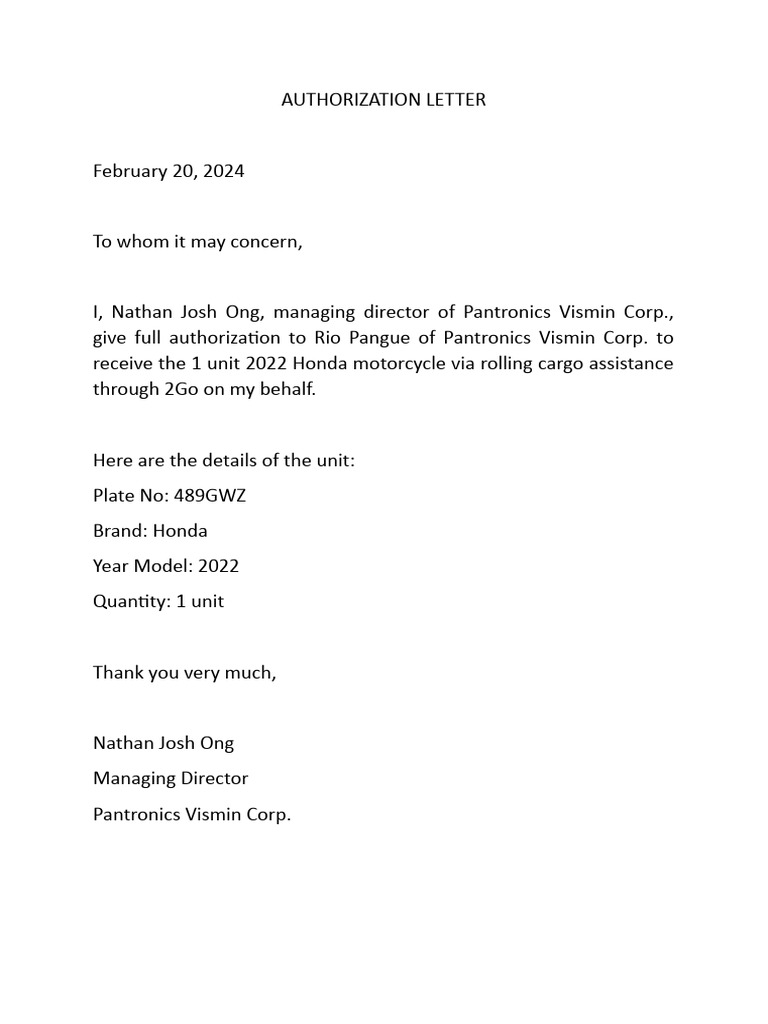Authorization Letter for Motorcycle Pickup | PDF