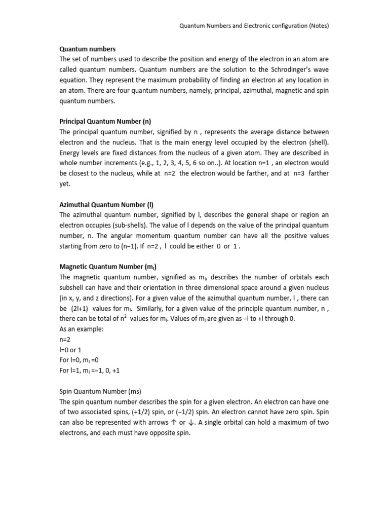 Quantum Numbers And Ec Pdf Electron Configuration Atomic Orbital