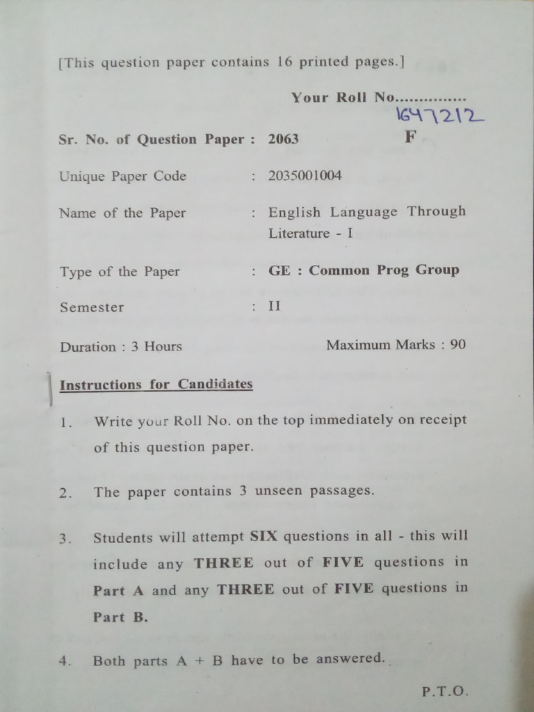 English Language Through Literature 1 Question Paper | PDF