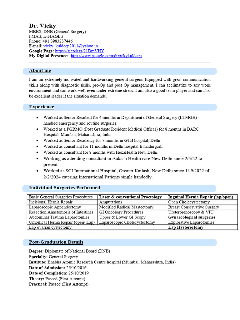 Dr. Vicky Resume - 2024 | PDF | Surgery | Clinical Medicine