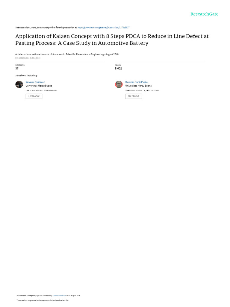 Application of Kaizen Concept With 8 Steps PDCA To | PDF | Data | Lean Manufacturing