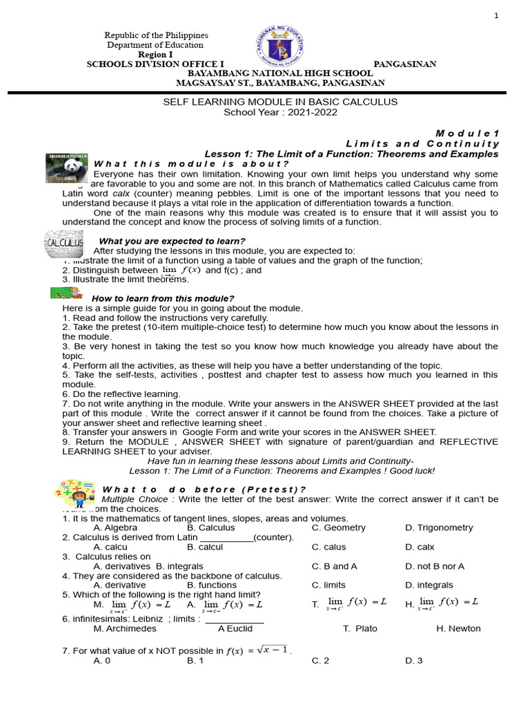 Module 1 Limits And Continuity Sy2021 2022 Pdf Calculus Function Mathematics
