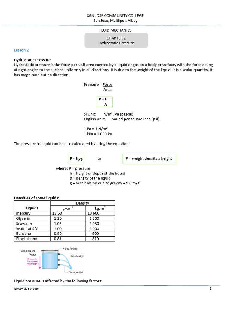 Lesson 2 Fluid Mechanics2024 | Download Free PDF | Pressure | Pascal (Unit)