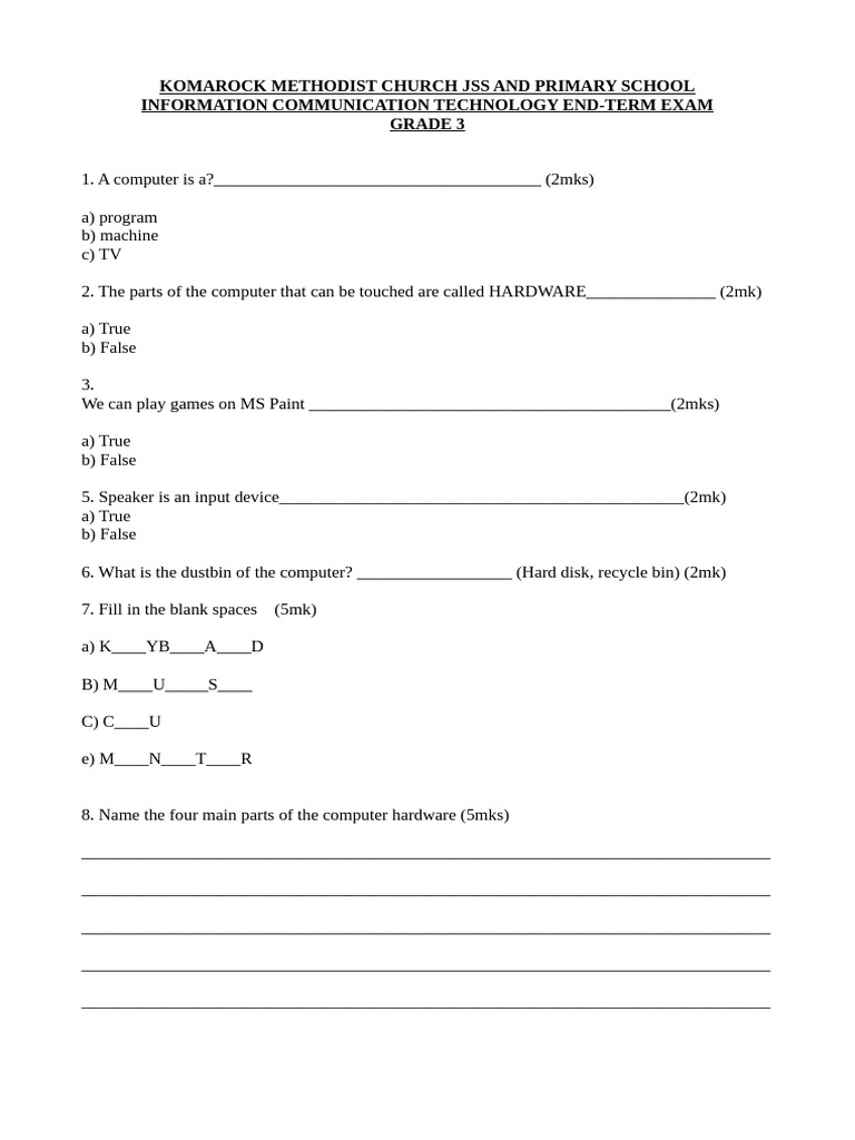 Grade 3 ICT End-Term Exam Paper | PDF