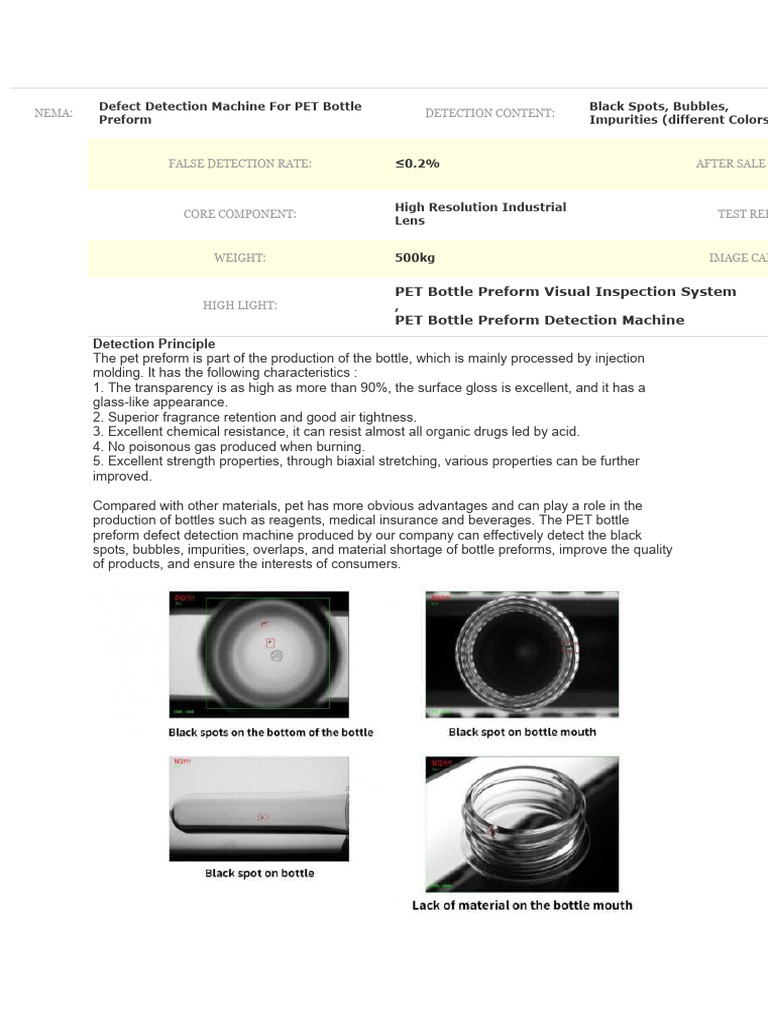 Visual Inspection PET Preform | PDF | Optical Fiber | Camera