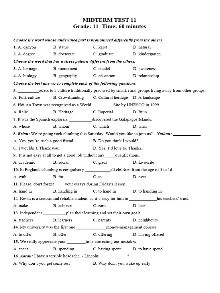 Grade 11 Midterm Test on Language Skills | PDF | Science & Mathematics