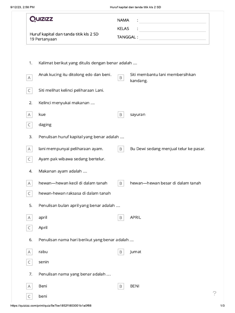 Huruf Kapital Dan Tanda Titik Kls 2 SD | PDF