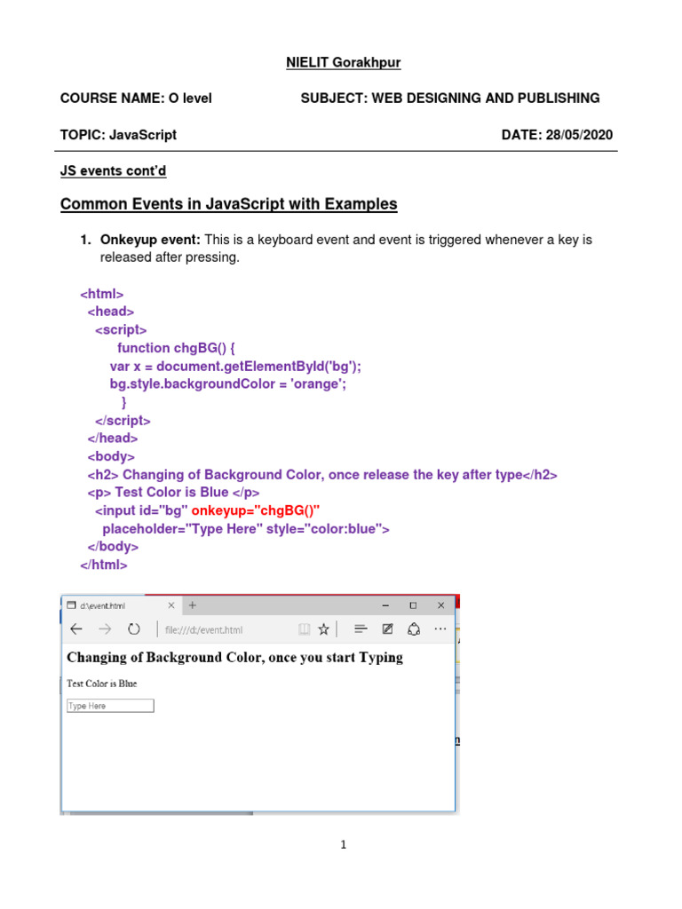 Event Handling in Java Script Examples | PDF | Java Script | World Wide Web Event Handling in Java Script Examples | PDF | Java Script | World Wide Web