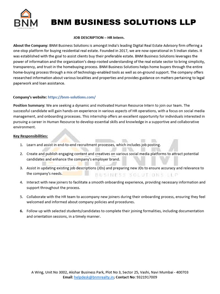 JD - Human Resource Intern | PDF | Human Resources | Internship