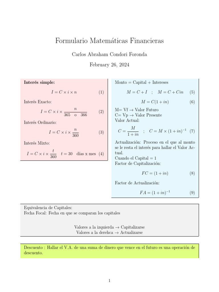 Formulario de Matematicas Financieras | PDF | Finanzas Matemáticas | Economía matemática