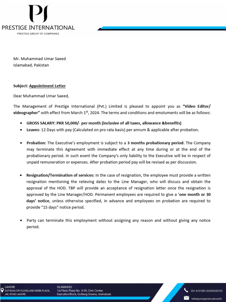 Muhammad Umar Saeed, Appointment Letter | PDF | Employment | Business