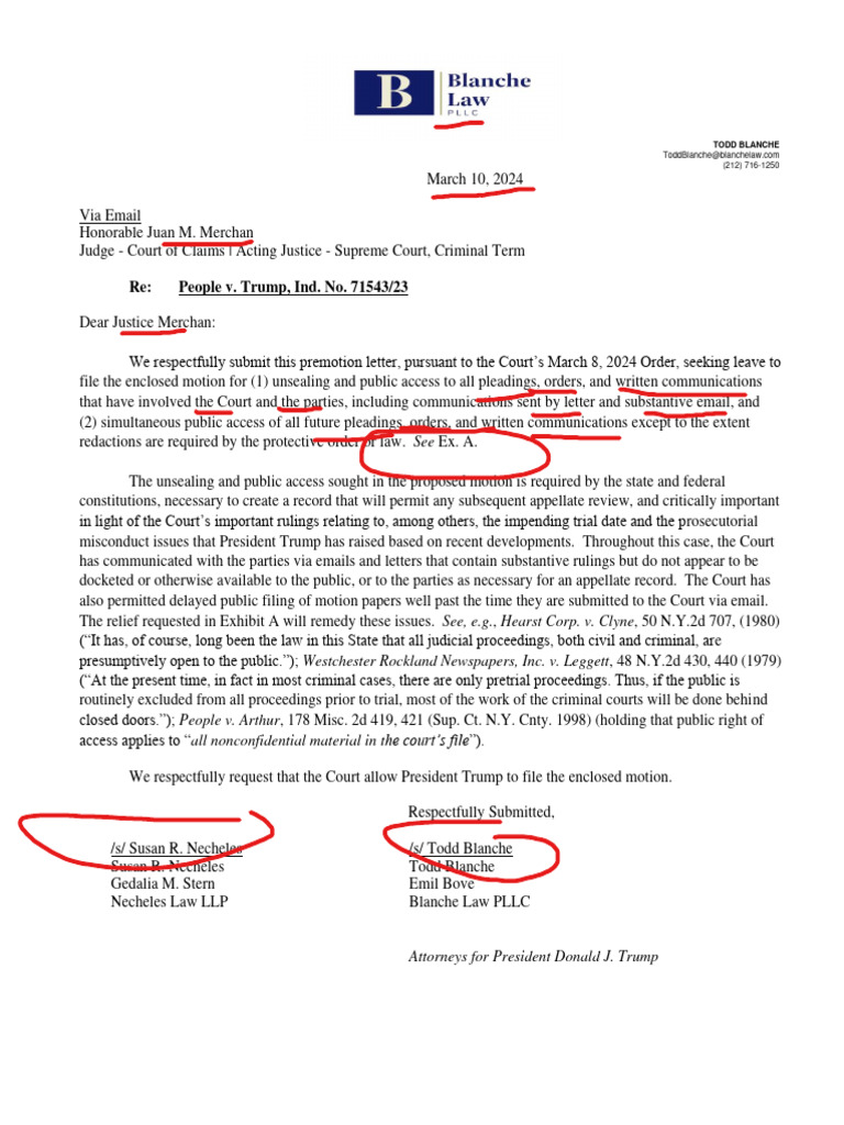 Trump Defense Letter To Judge Merchan PreMotion Public Access | PDF ...