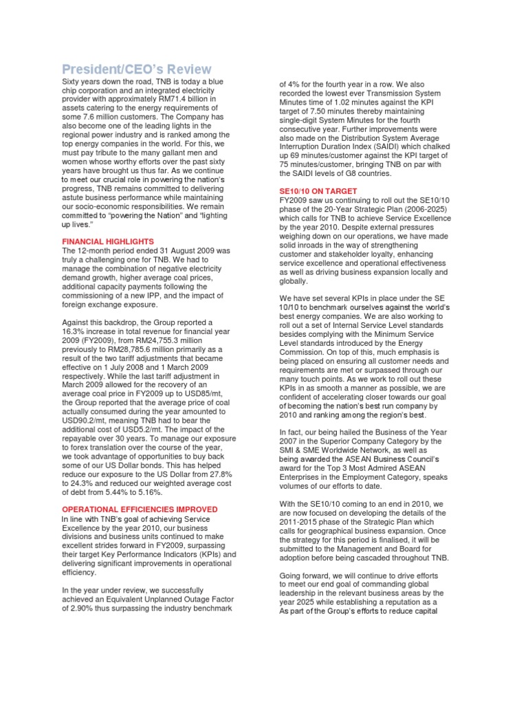 TNB President, CEO Review 2009 | PDF | Hydroelectricity | Business