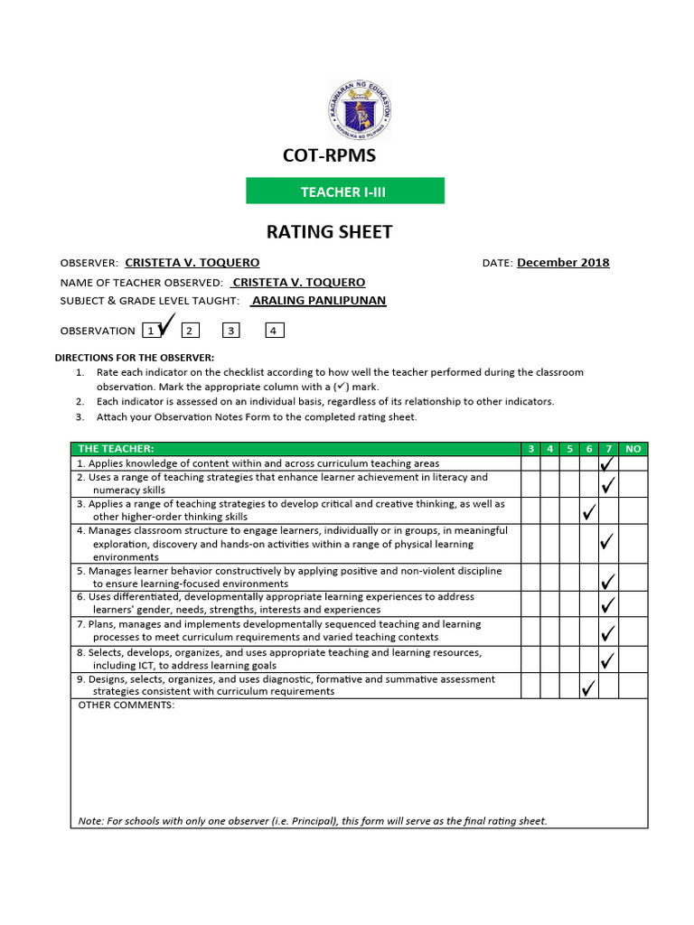COT-RATING-SHEET | PDF | Learning | Teachers