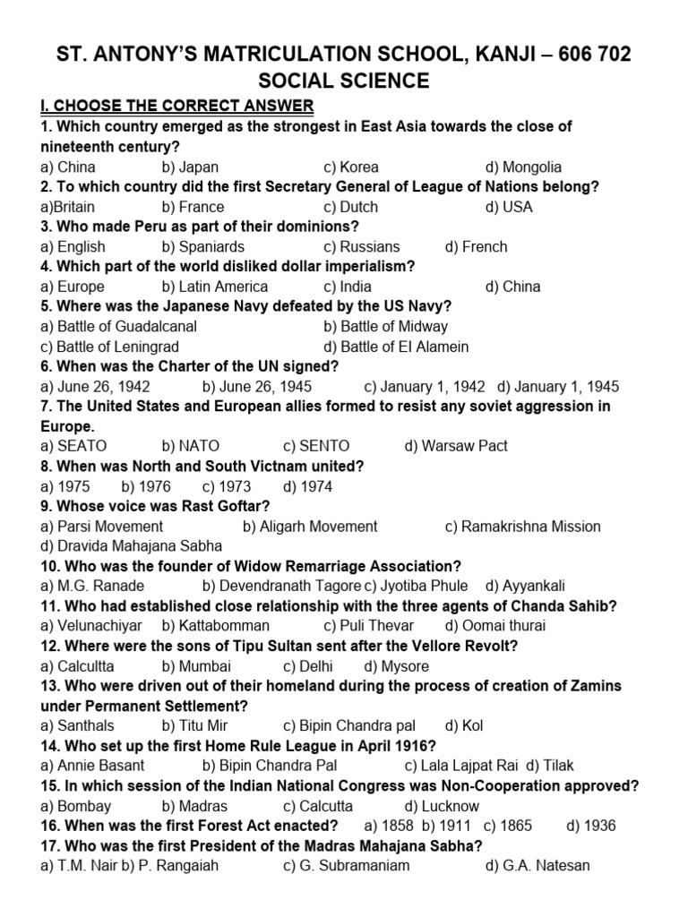 10th Grade Social Science One Mark Qs | PDF