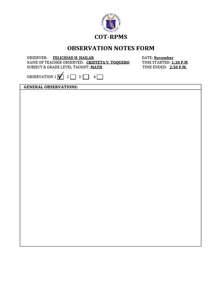 Cot Observation Notes Form | PDF