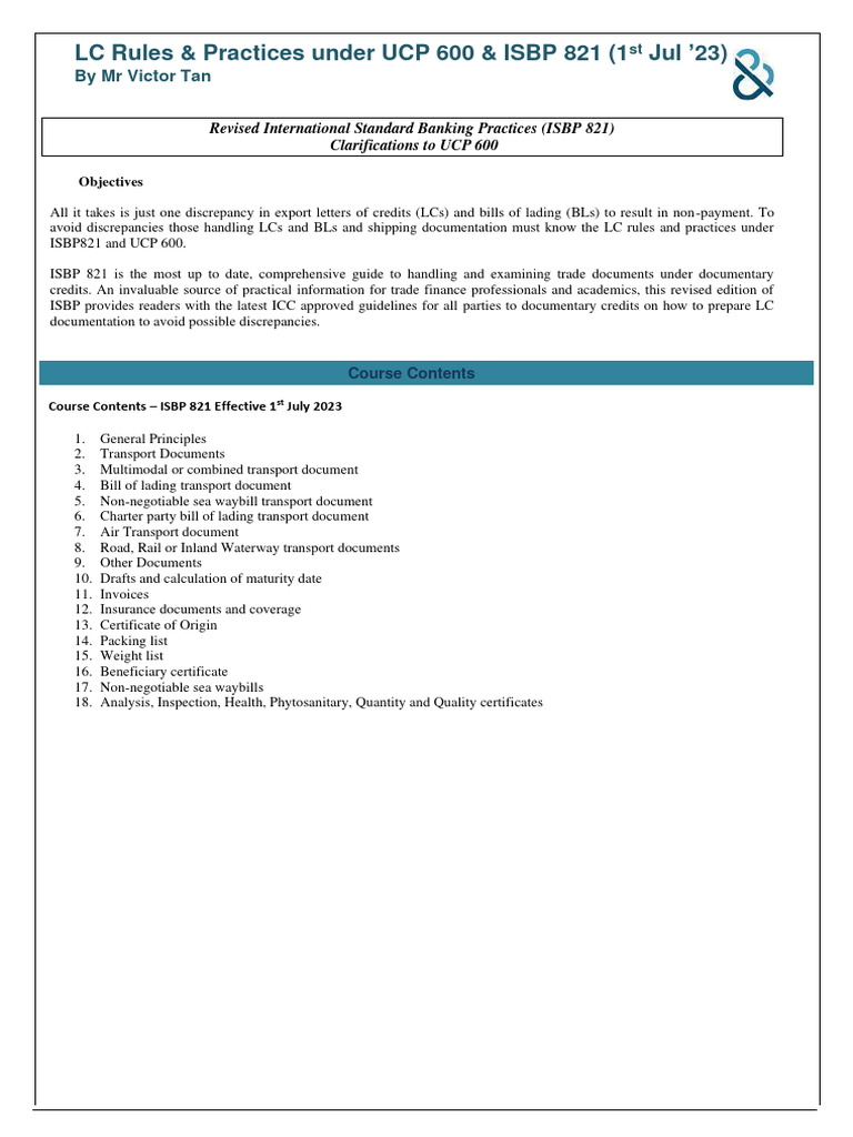 LC Rules Practices Under UCP 600 and ISBP 821 - Latest Version 1st July ...