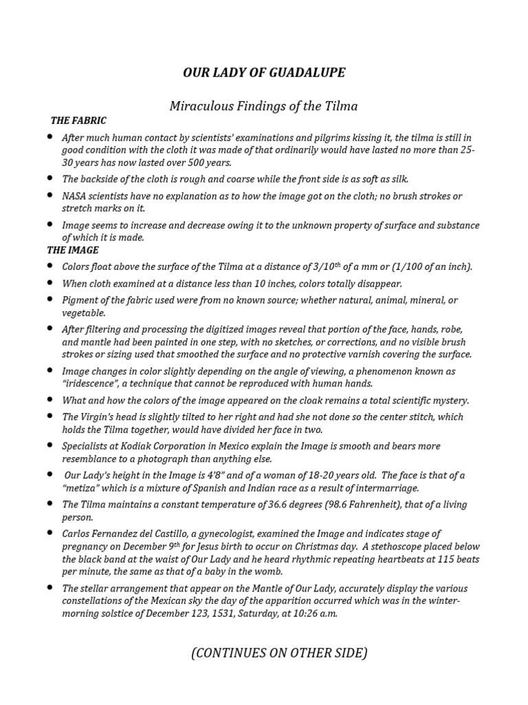 Tilma of Our Lady of Guadalupe, Fact Sheet | PDF