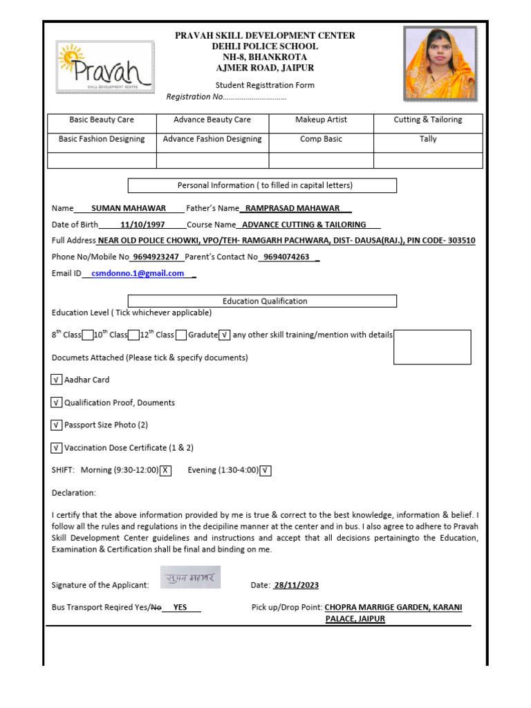 PRAVAH SKILL DEVELOPMENT CENTER Form | PDF