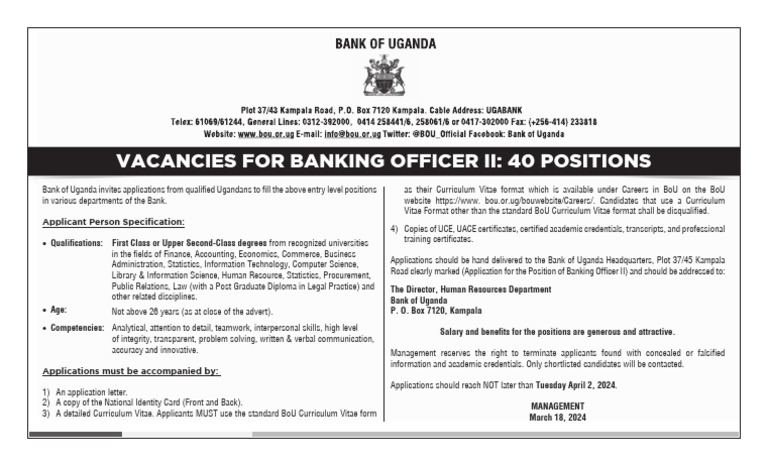 Banking Officer II Positions | PDF | Uganda