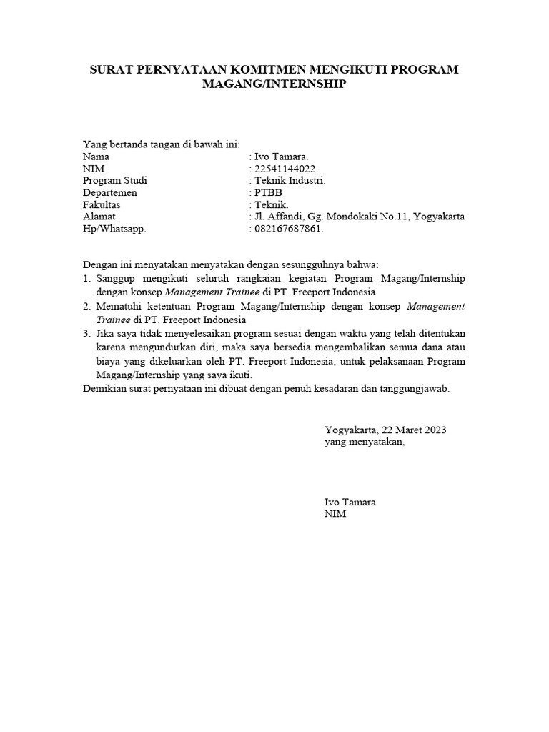 Surat Pernyataan Komitmen | PDF