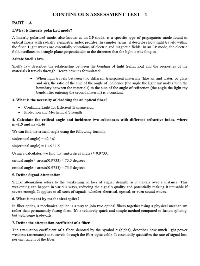 Continuous Assessment Test i | PDF | Dispersion (Optics) | Optical Fiber