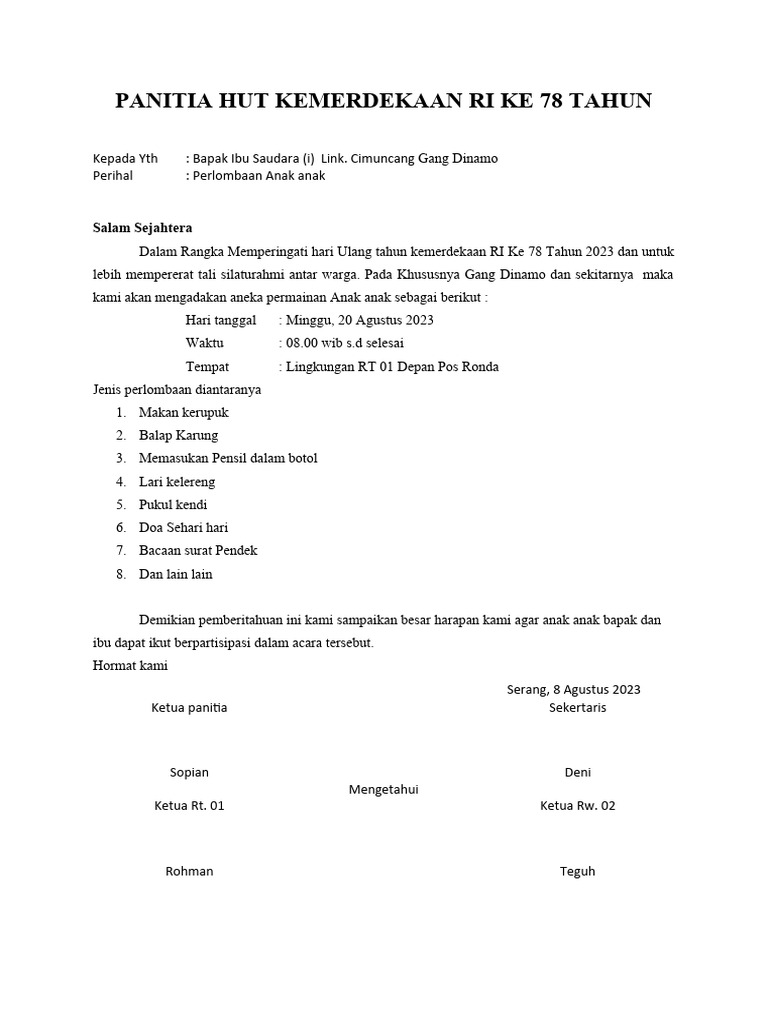 Panitia Hut Kemerdekaan Ri Ke 78 Tahun | PDF