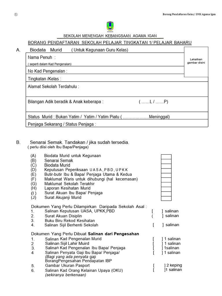 Pdf Borang Pendaftaran Sekolah Ting 1 Pdf