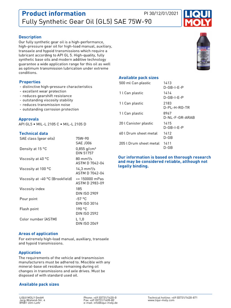 LIQUI MOLY SAE 75W-90 Gear Oil | PDF | Lubrication | Oils