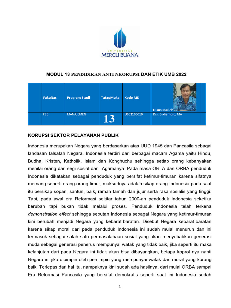 Modul 13 Pendidikan Anti Korupsi Dan Etik Umb | PDF