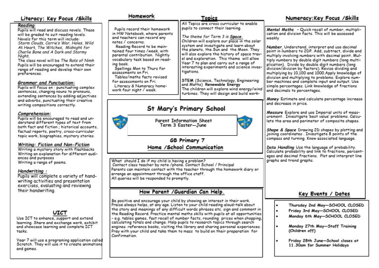 St Mary’s Primary Term 3 Parent Guide | PDF | Percentage | Learning
