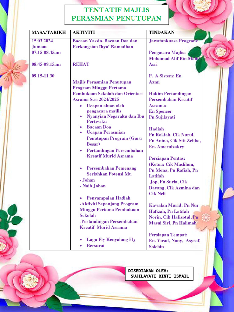Tentatif Majlis Perasmian Penutupan Pembukaan Sekolah Dan Orientasi | PDF